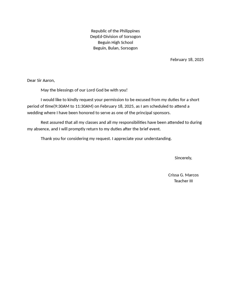 Excuse Letter for Wedding Attendance | PDF