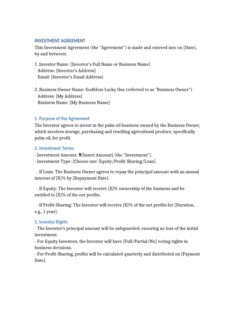 Sample Investment Agreement Template | PDF