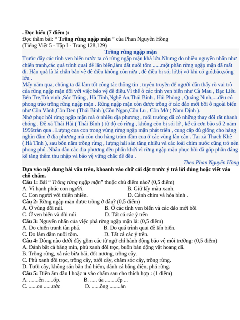 ĐỀ KT CKI LỚP 5 TV | PDF