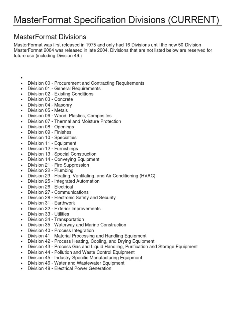 Construction Spec Divisions Guide | PDF