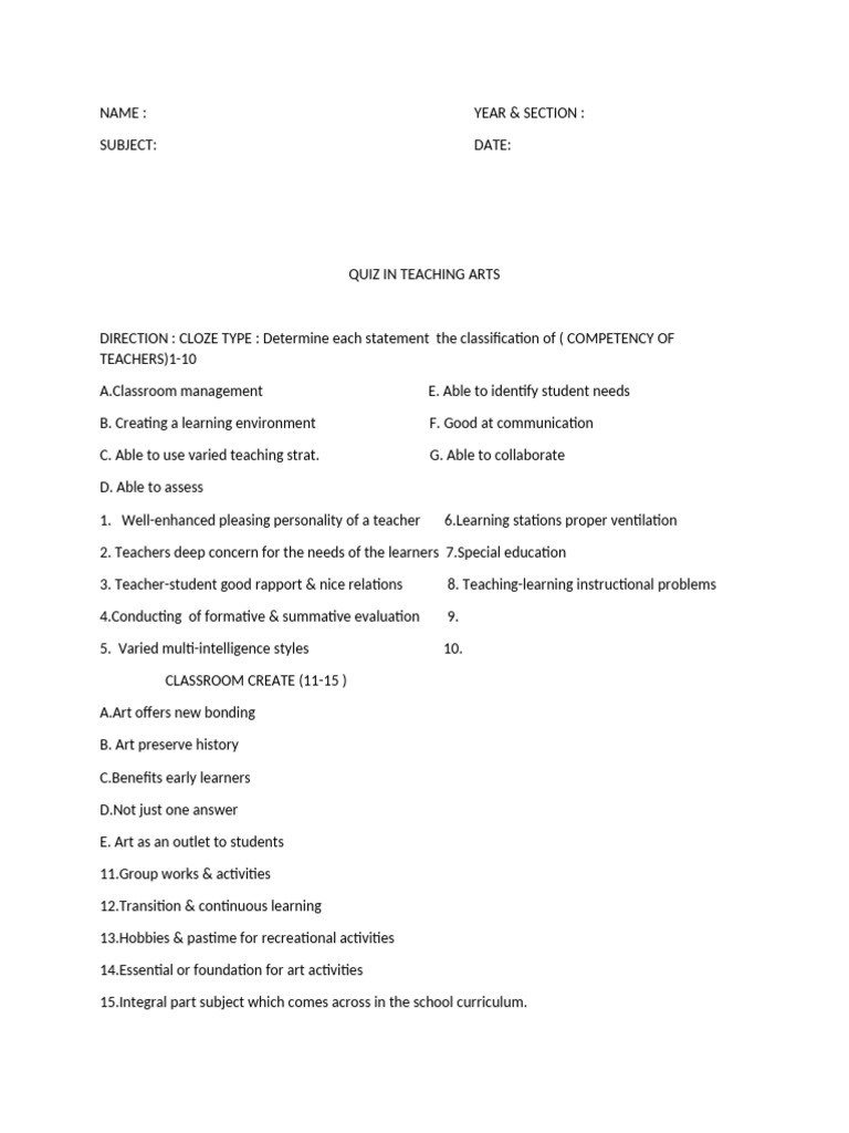 Teaching Arts Competency Quiz | PDF