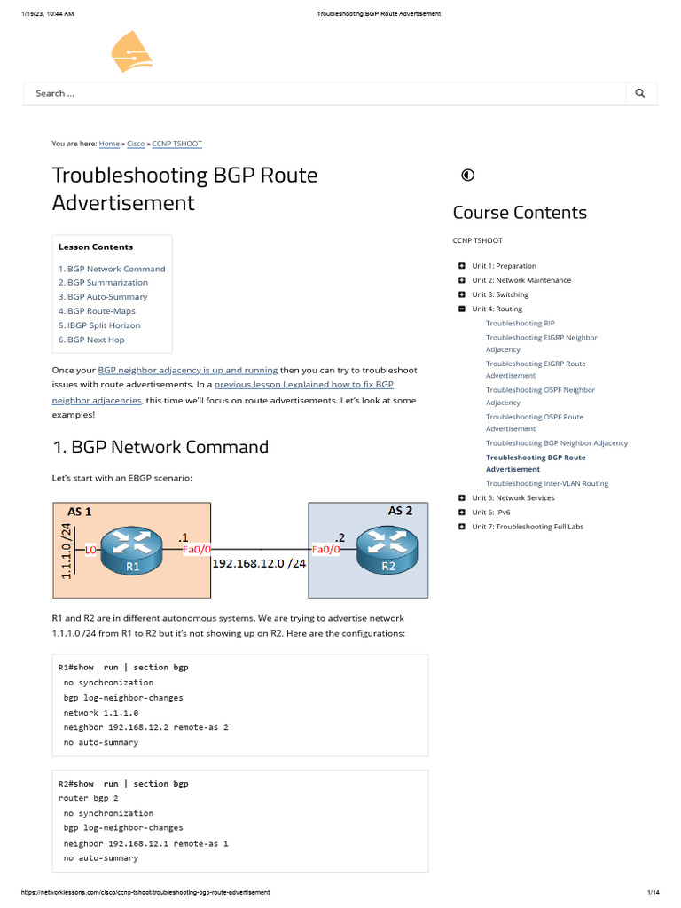 Troubleshooting BGP Route Advertisement | PDF | Router (Computing) | Routing