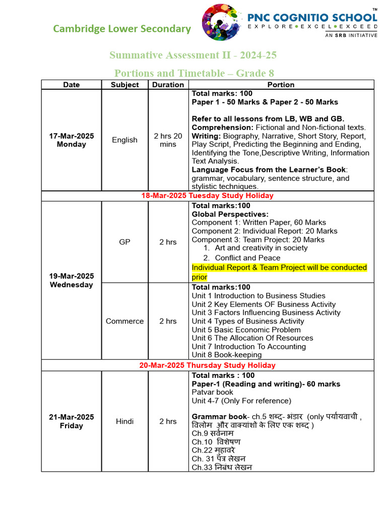 SA2 - Portions and Timetable G8 | PDF