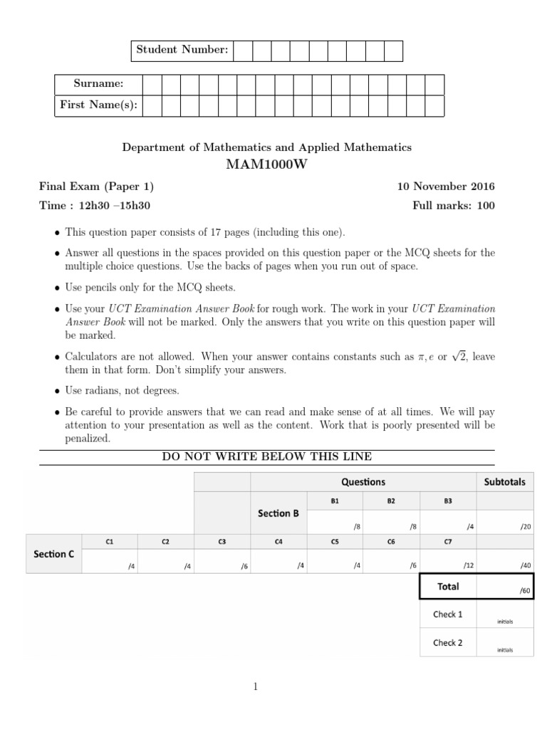 Exam paper 1 2016 | PDF | Multiple Choice | Mathematical Analysis