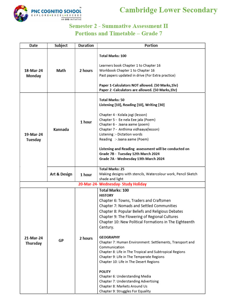 Revised Grade 7 SA2 Timetable and Portion | PDF