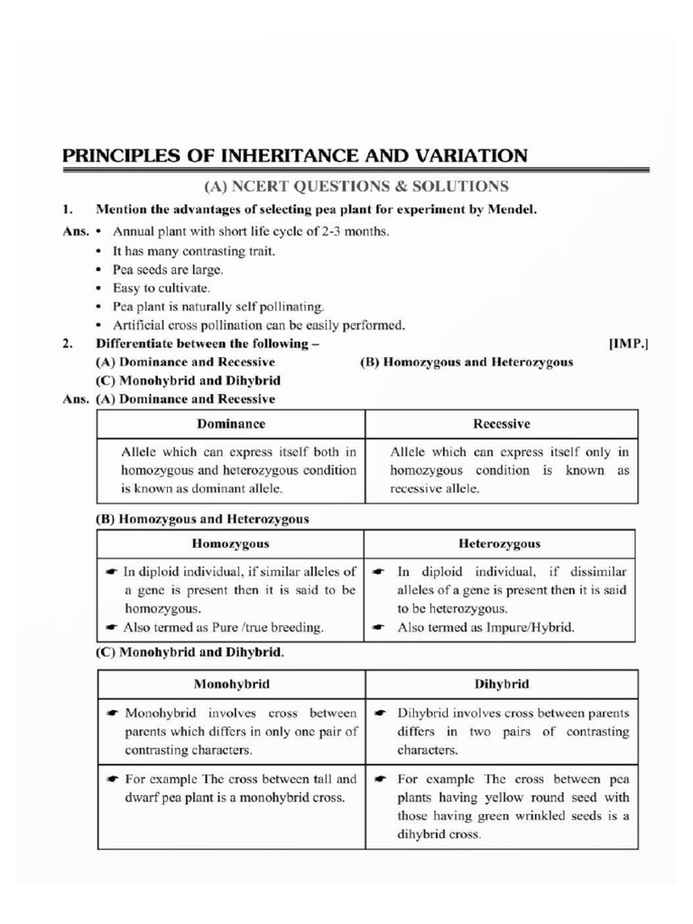 Principles of Inheritance and Variation Q&A | PDF