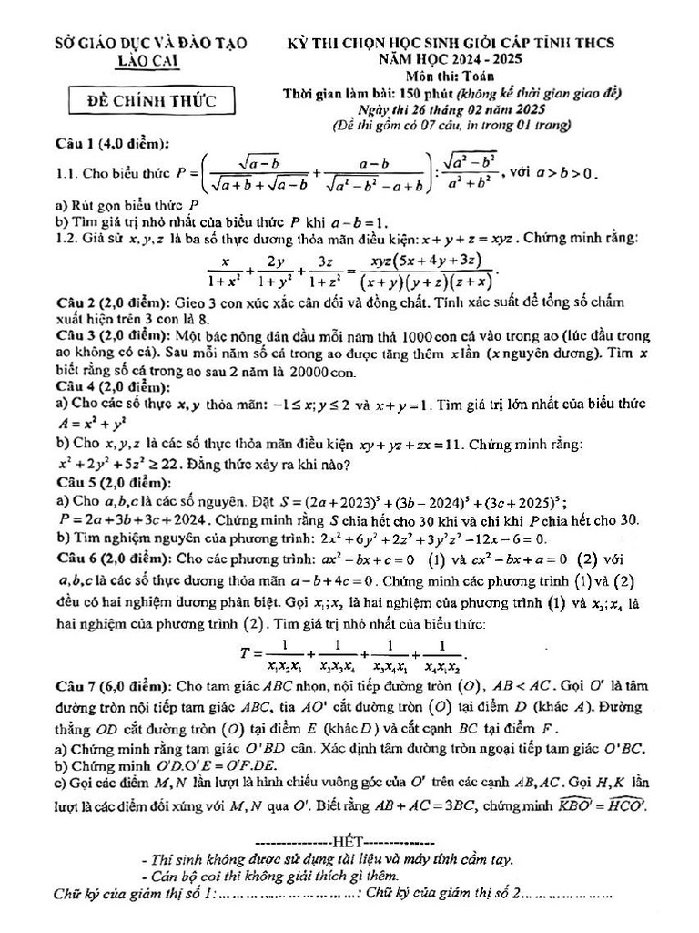 De Chon Hoc Sinh Gioi Tinh Toan Thcs Nam 2024 2025 So Gddt Lao Cai | PDF