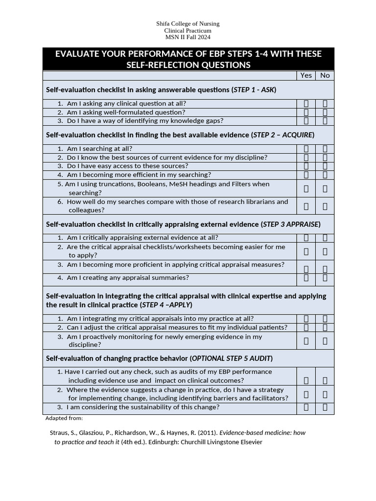 EBP Self-Evaluation Checklist 2024 | PDF | Cognition | Health Care