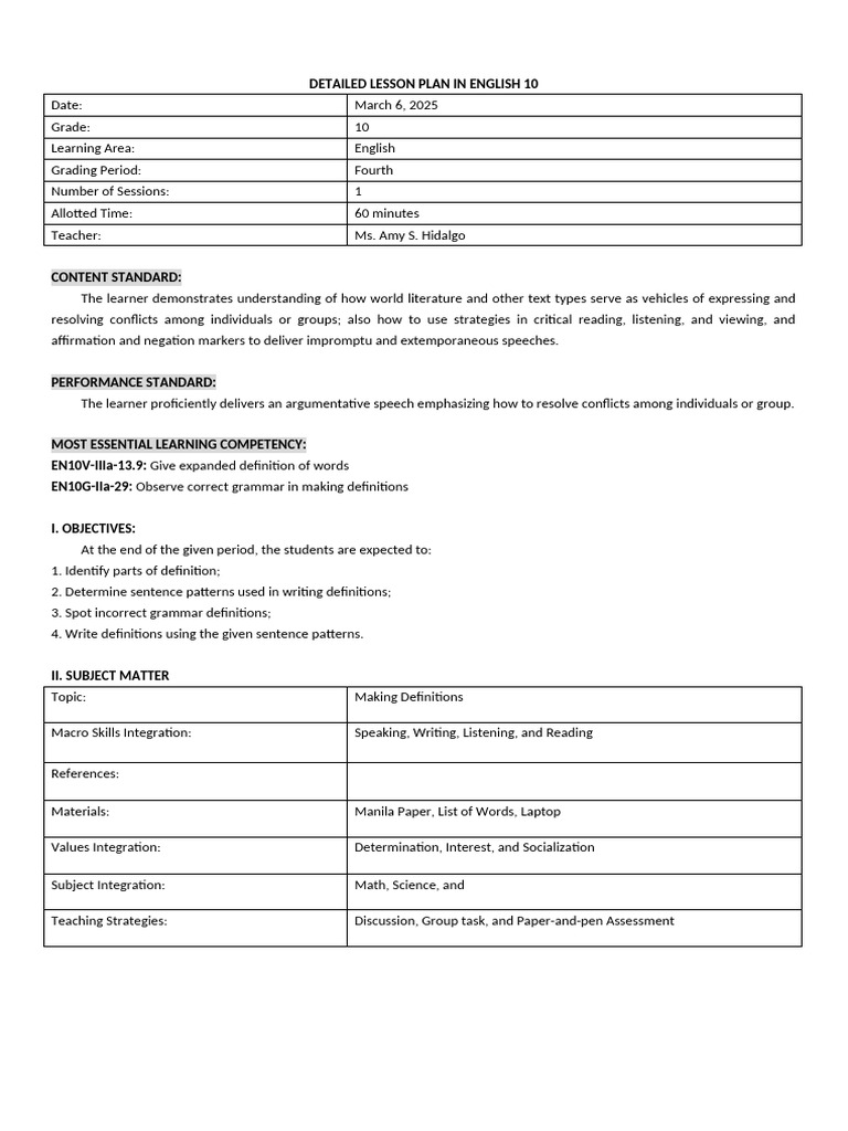 Detailed Lesson Plan in English 10 | PDF | Definition | Subject (Grammar)