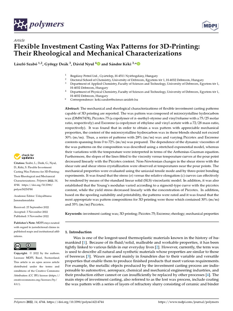 Flexible Investment Casting Wax Patterns For 3D Printing, Their ...
