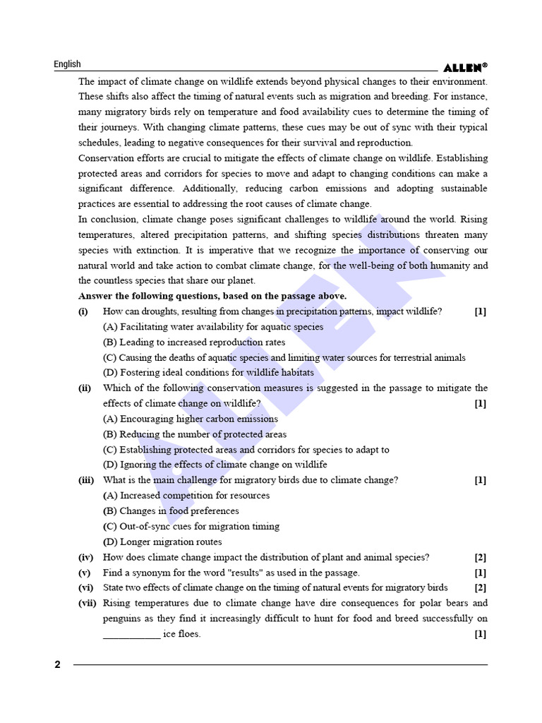 Sample Paper 1 English1 - 2 | PDF | Climate Change | Bird Migration