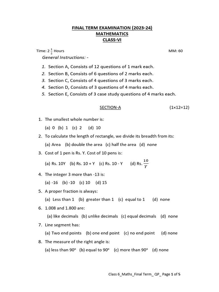 QP - 6 - Mathematics - Final Term - 202324 | PDF | Area | Decimal