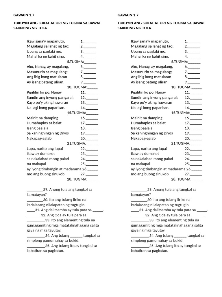 sukat at tugma activity | PDF