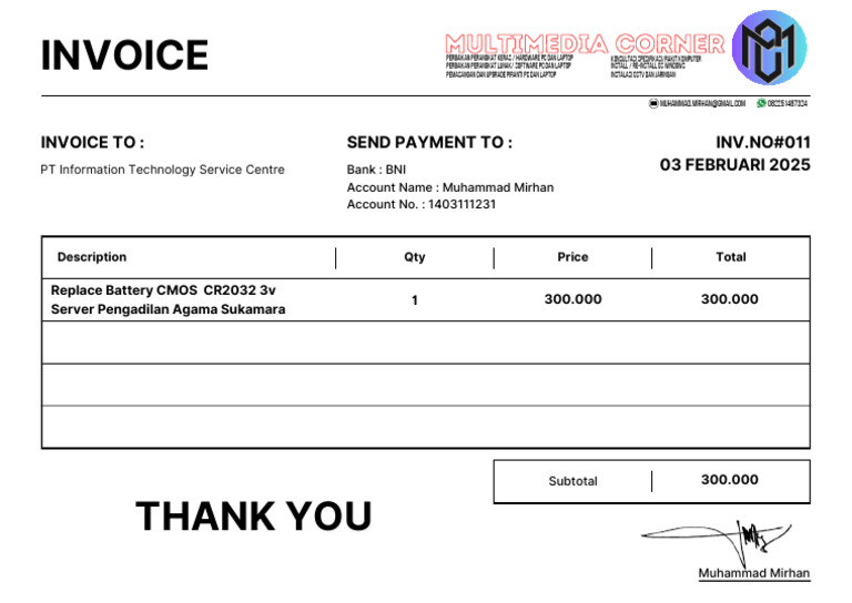 INVOICE 011 - Replace CMOS PA SUKAMARA | PDF