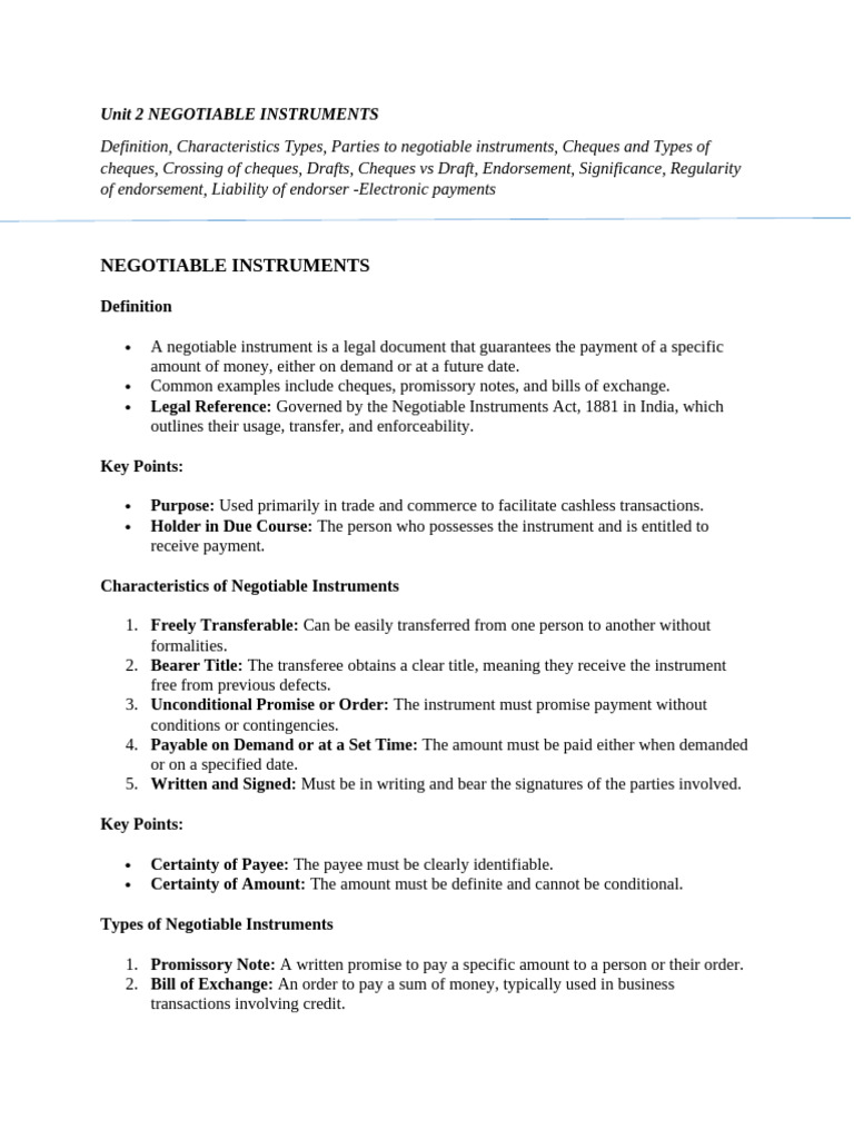 Unit 2 NEGOTIABLE INSTRUMENTS | PDF | Negotiable Instrument | Credit Card