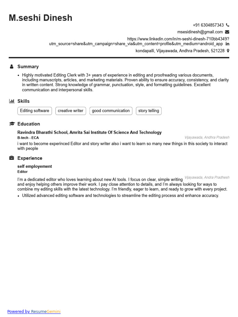 M.seshi Dinesh: Ravindra Bharathi School, Amrita Sai Institute of Science and Technology | PDF