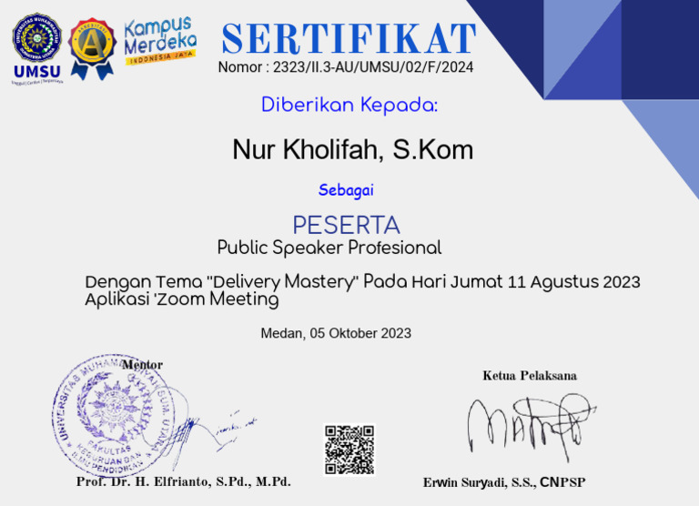 SERTIFIKAT Public Speaking Dek Nur | PDF