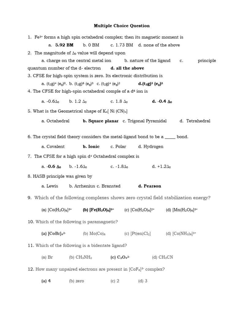 Chemistry Multiple Choice Quiz | PDF | Coordination Complex | Redox