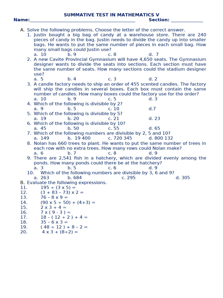 Summative Test No.1 (Math) | PDF | Mathematics | Arithmetic