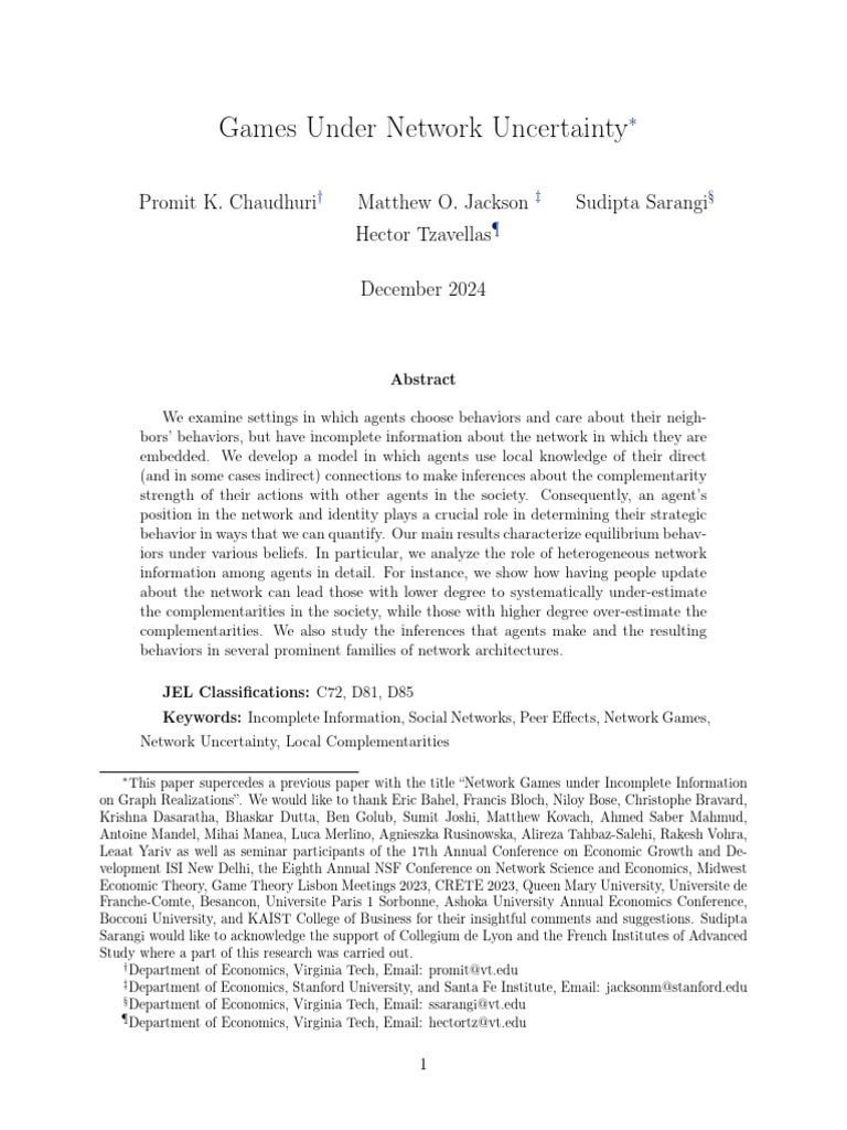 Games Under Network Uncertainty | PDF | Behavior | Information