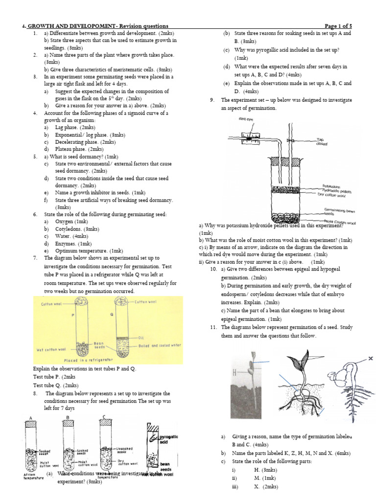 Growth and Development Revision Questions | PDF | Seed | Germination