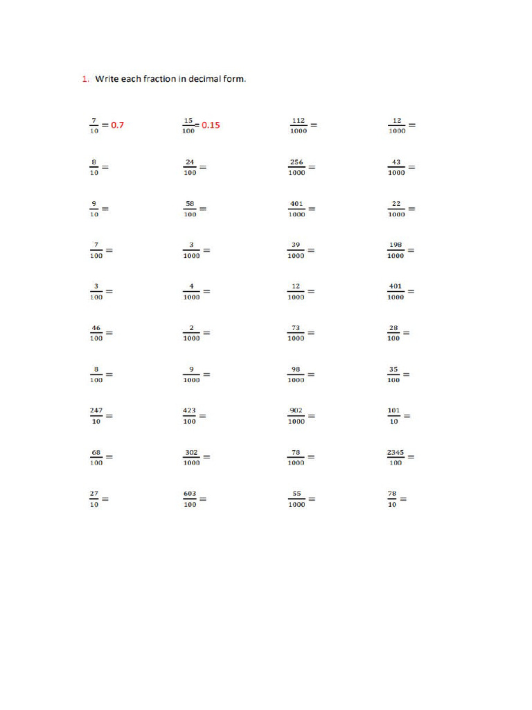 1.2a - Fractions With Base 10, 100 1000 To Decimals | PDF
