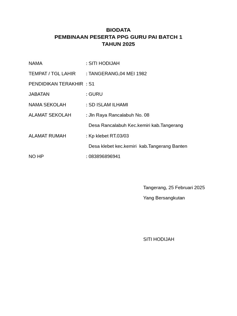 Biodata Siti Hodijah PPG 2025 | PDF