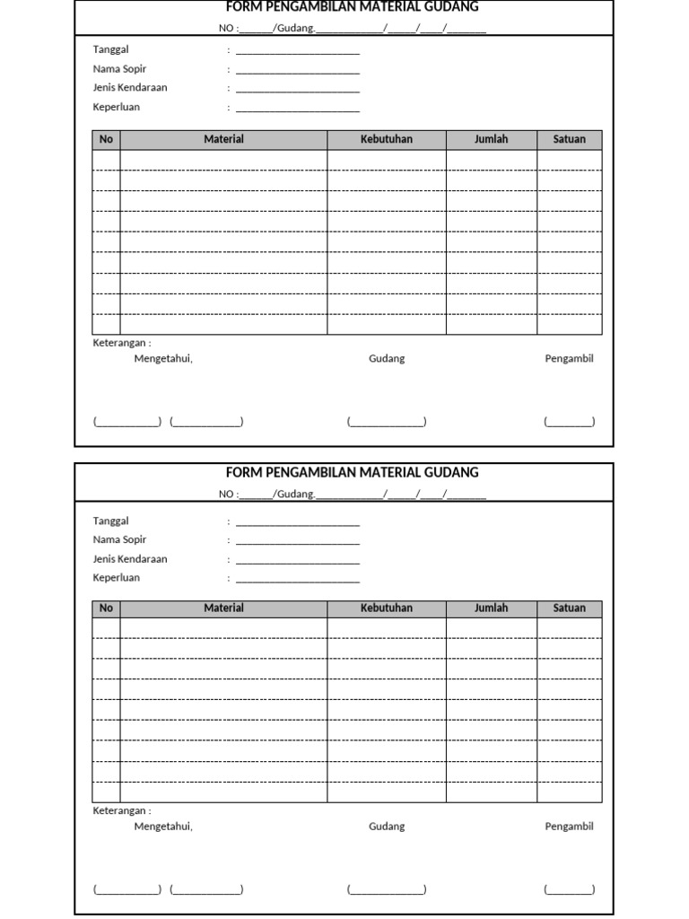 Form Pengambilan Material | PDF
