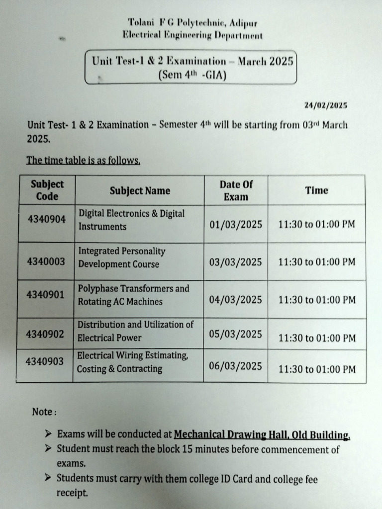 Semester 4 Unit Test Schedule 2025 | PDF
