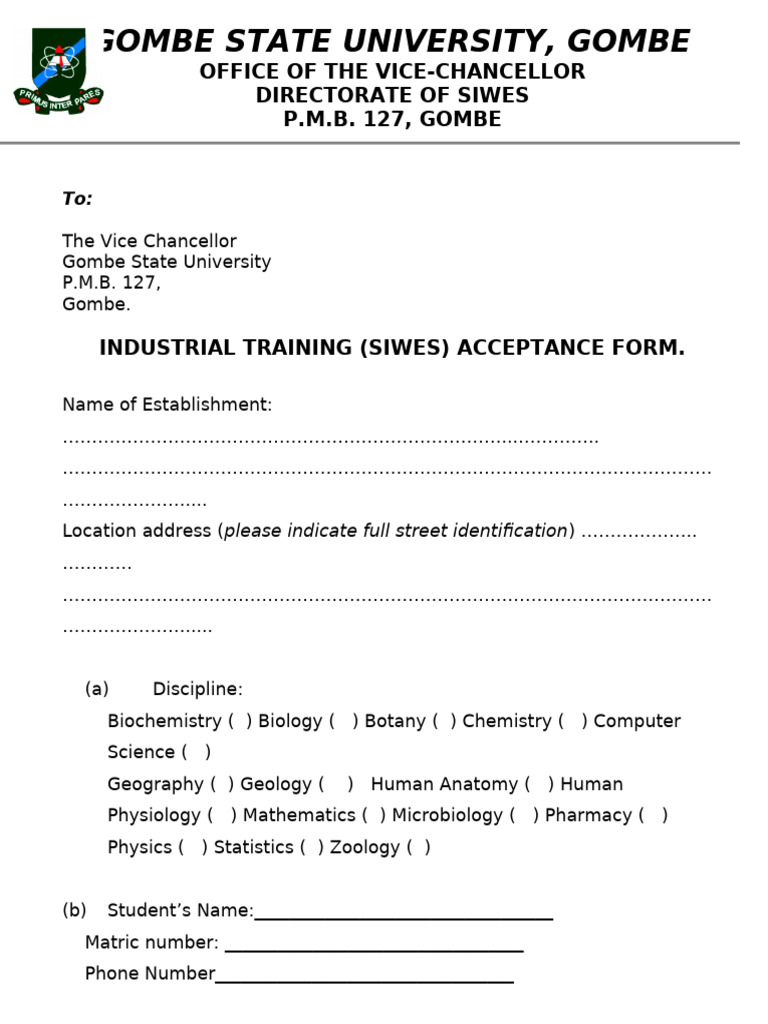 Siwes Acceptance Form 2025 B | PDF
