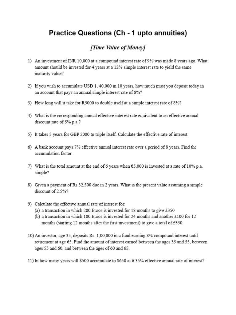 Practice Questions (CH - 1 Upto Annuities) | PDF | Compound Interest ...