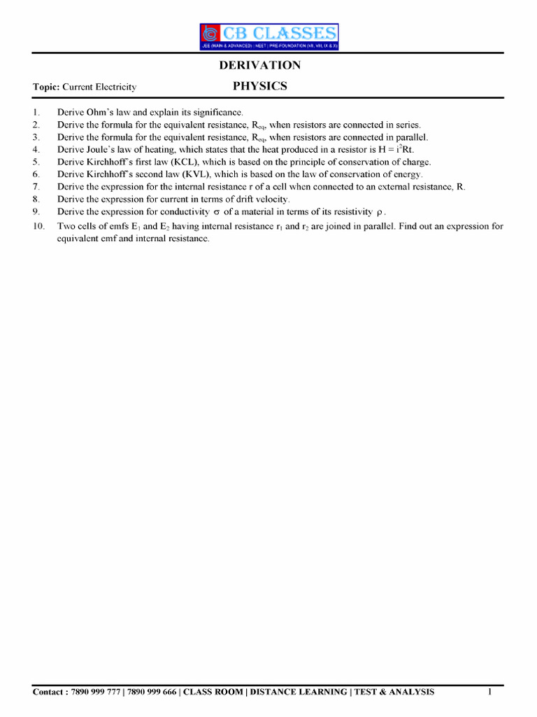 Current Electricity Derivation | PDF