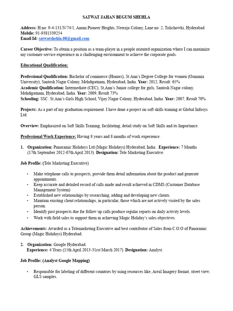 SATWAT - JAHAN - BEGUM - SHEHLA - Updated Resume | PDF | Geographic ...