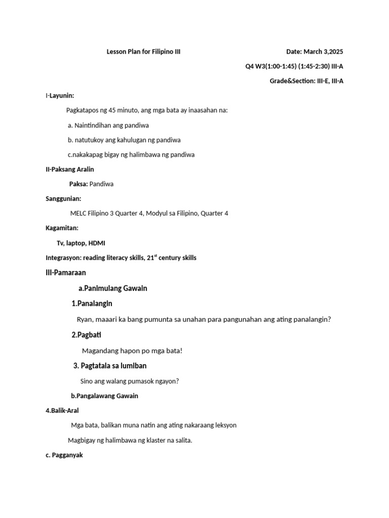 Lesson Plan For Filipino III Date | PDF