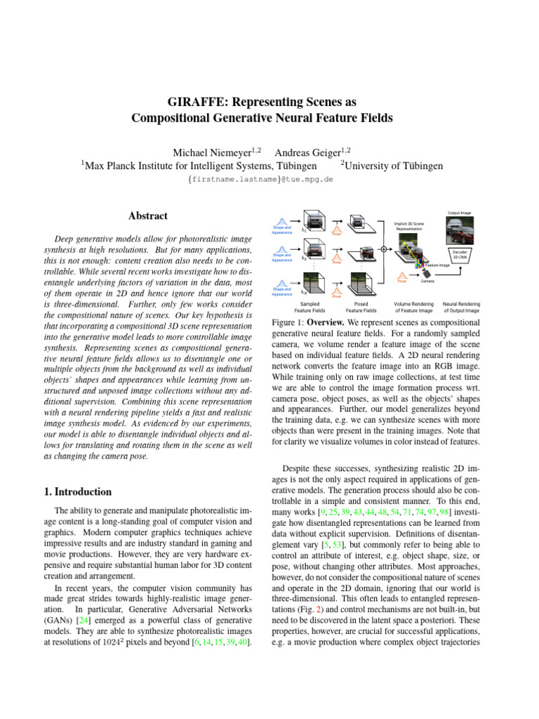 GIRAFFE; Representing Scenes as Compositional Generative Neural Feature Fields _2011.12100v2 ...