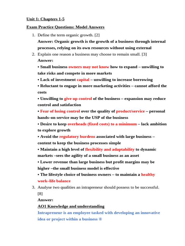 Unit 1_Chapters 1 to 5_Some Exam Style Practice Questions_With Answers ...