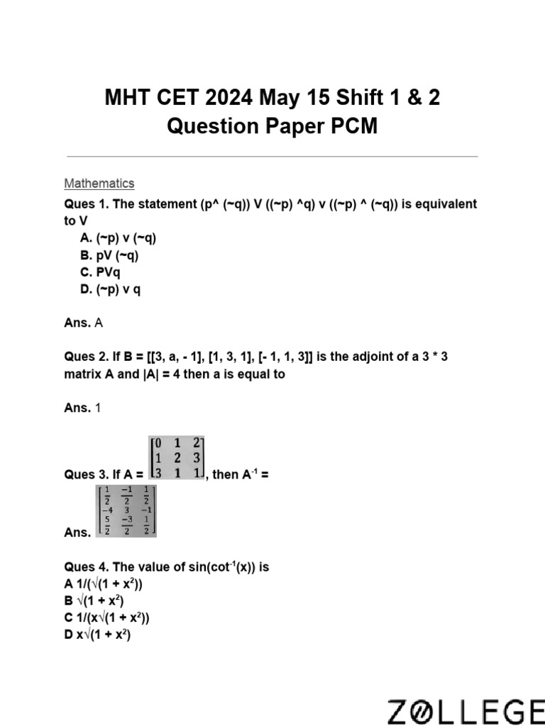 MHT CET 2024 PCM Question Paper | PDF