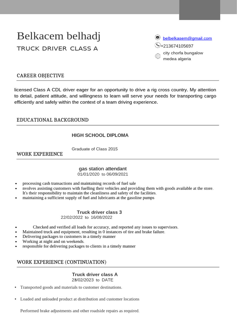 Class A CDL Truck Driver Resume | PDF | Truck Driver | Truck
