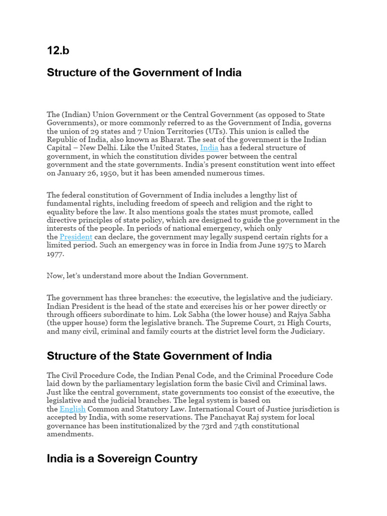 Structure of India's Government | PDF | Government Of India | Public Law