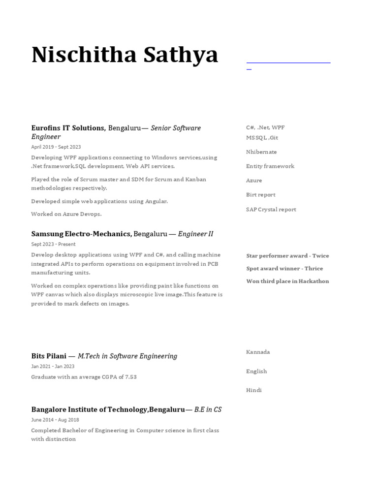 Senior Software Engineer Profile | PDF | Windows Presentation Foundation | Microsoft Sql Server