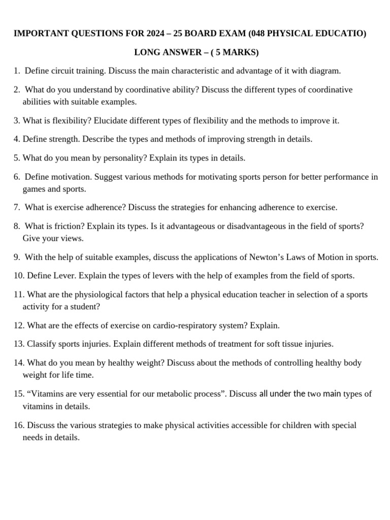 Key Questions for 2024 Physical Education Exam | PDF | Physical ...