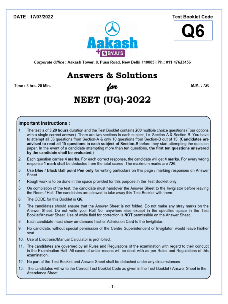 Code Q6 Qs Ans Solution NEET 2022 | PDF | Salt (Chemistry) | Physical Quantities