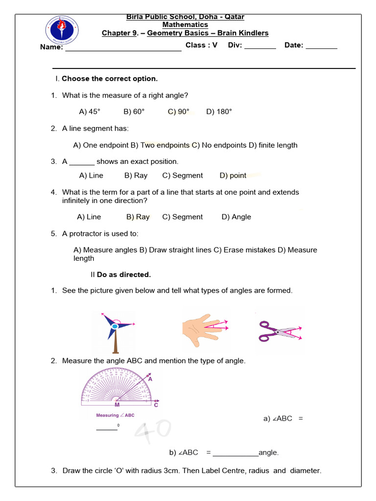 Grade v-CH - 9 Geometry Basics Worksheet . | PDF | Circle | Angle