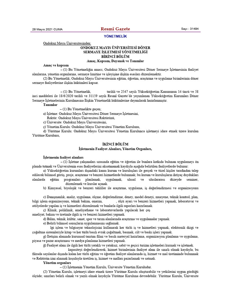 Resmî Gazete: 28 Mayıs 2021 CUMA Sayı: 31494 | PDF
