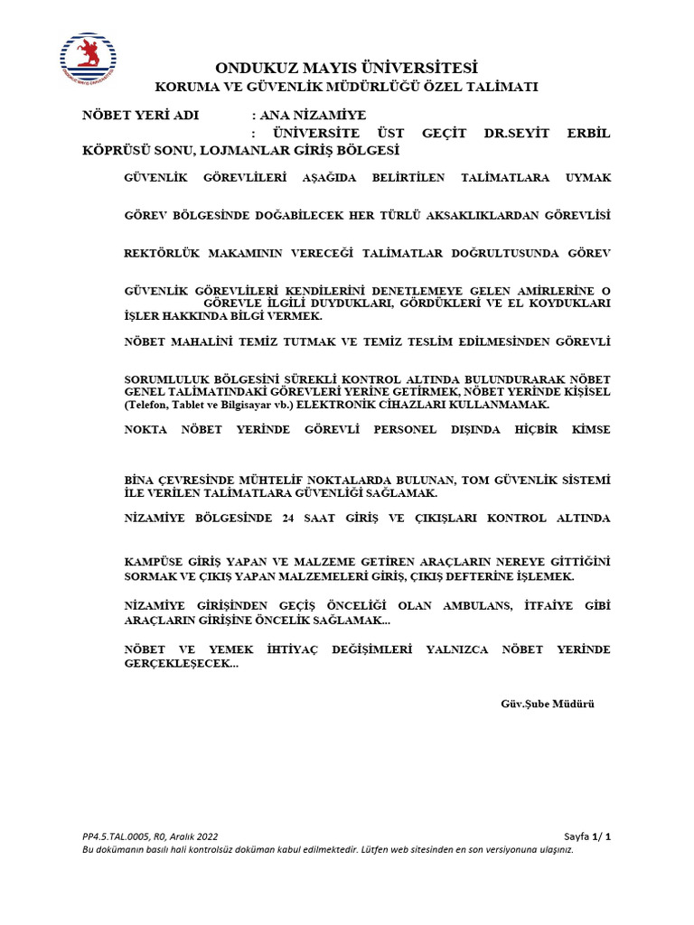 PP4.5.TAL0005 Koruma Ve Guv. Mud. Ozel Talimati Ana Nizamiye | PDF