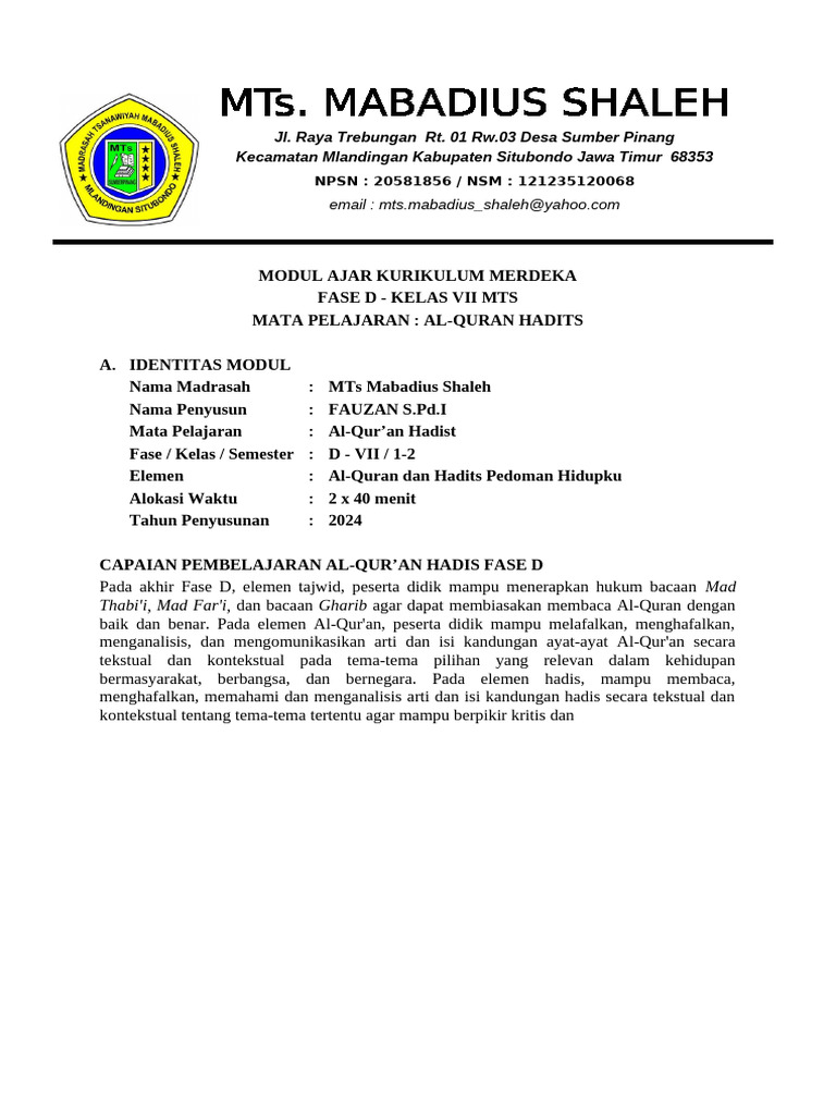 Modul Qurdis 7 Bab 1 - Al-Qur - An Dan Hadis Pedoman Hidupku | PDF