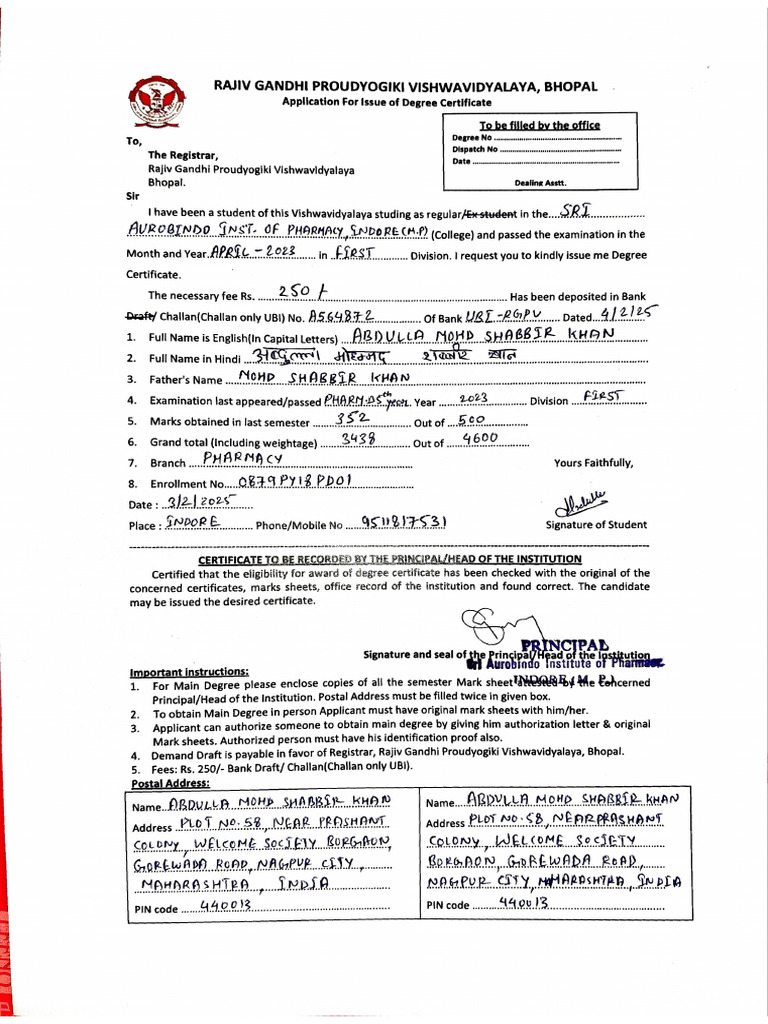 Degree Fees Receipt | PDF