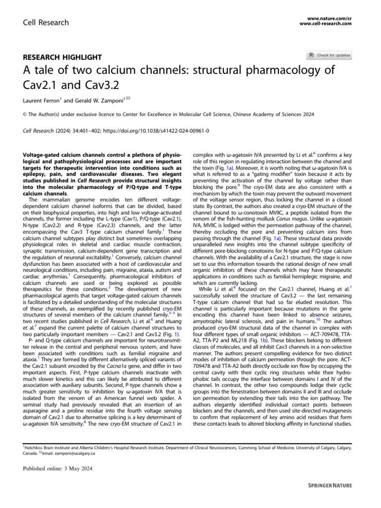 Cell Res 24 A Tale of Two Calcium Channels - Cav2.1 and Cav3.2 | PDF ...