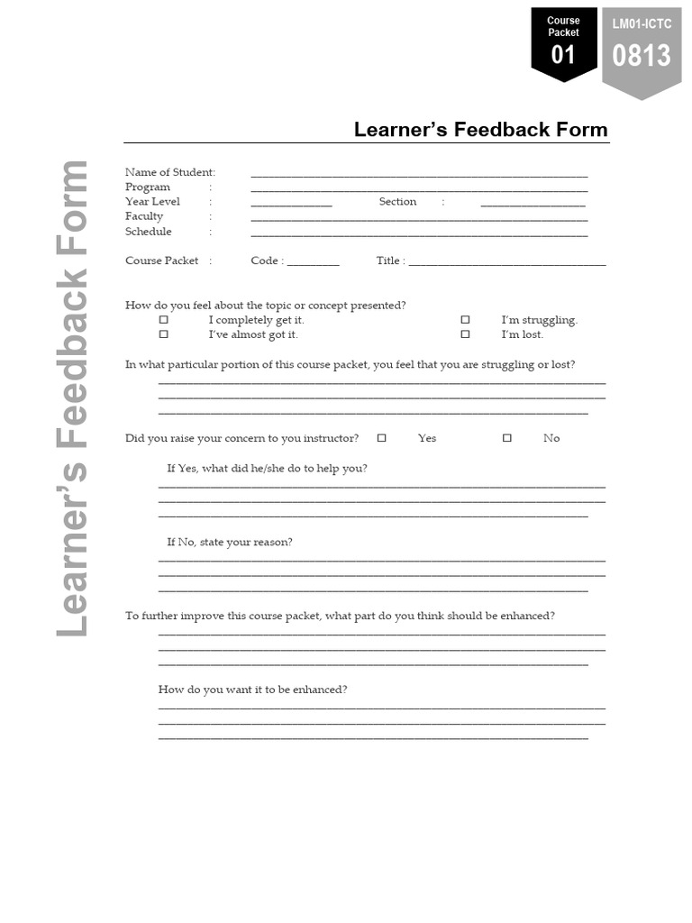LEARNING FEEDBACK FORM 01 | PDF | Learning | Cognitive Science