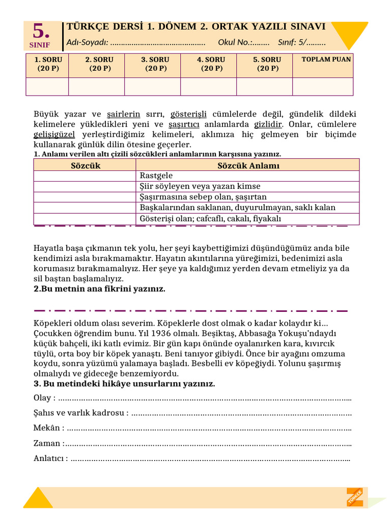 5.sinif 1. Donem 2.yazili Z Turkce Meb 5. Senaryo | PDF
